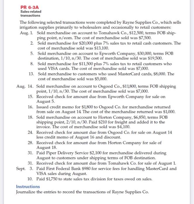 Solved PR 6-3A Sales-related transactions The following | Chegg.com