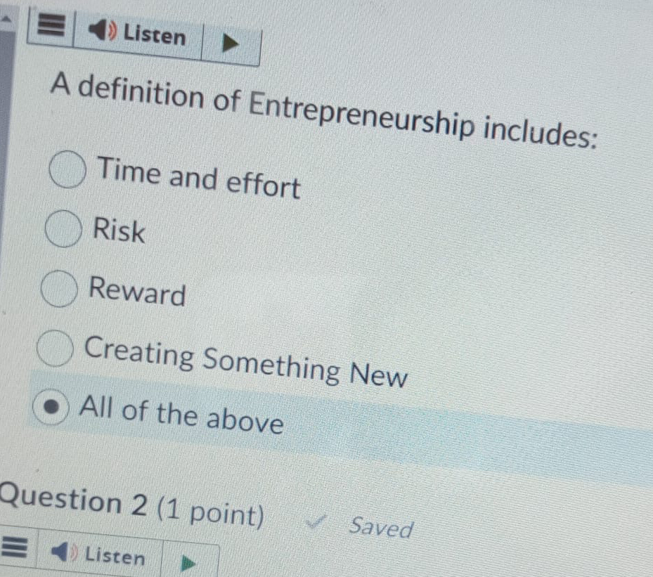 Solved ListenA definition of Entrepreneurship includes:Time | Chegg.com