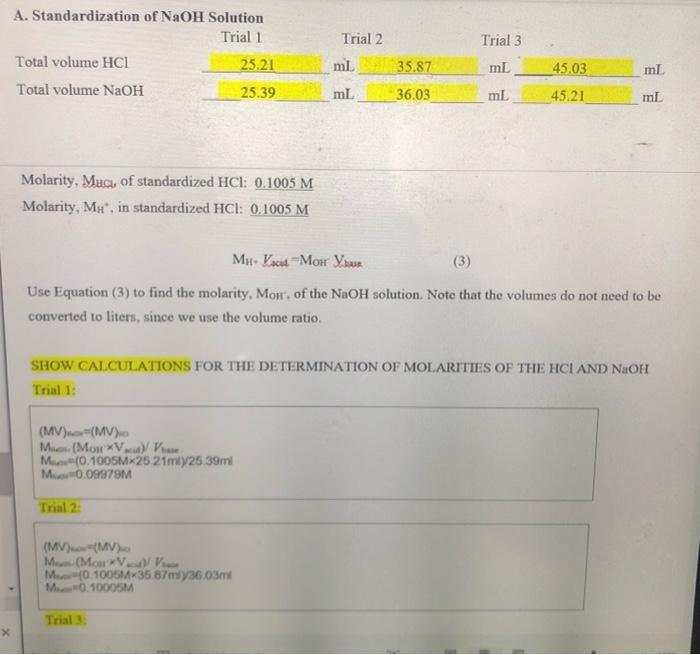 Solved A. Standardization of NaOH Solution Trial 1 Trial 3 | Chegg.com