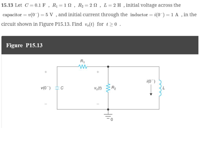 Solved 15.13 ﻿Let C=0.1F,R1=1Ω,R2=2Ω,L=2H, ﻿initial voltage | Chegg.com