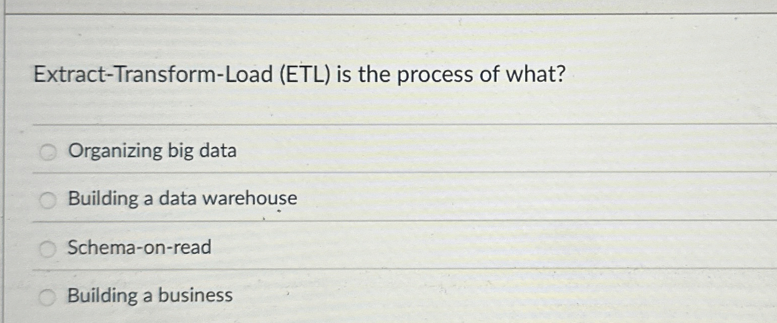 Solved Extract-Transform-Load (ETL) ﻿is the process of | Chegg.com