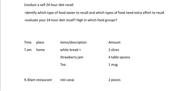 Solved Conduct a self 24 hour diet recall -identify which | Chegg.com