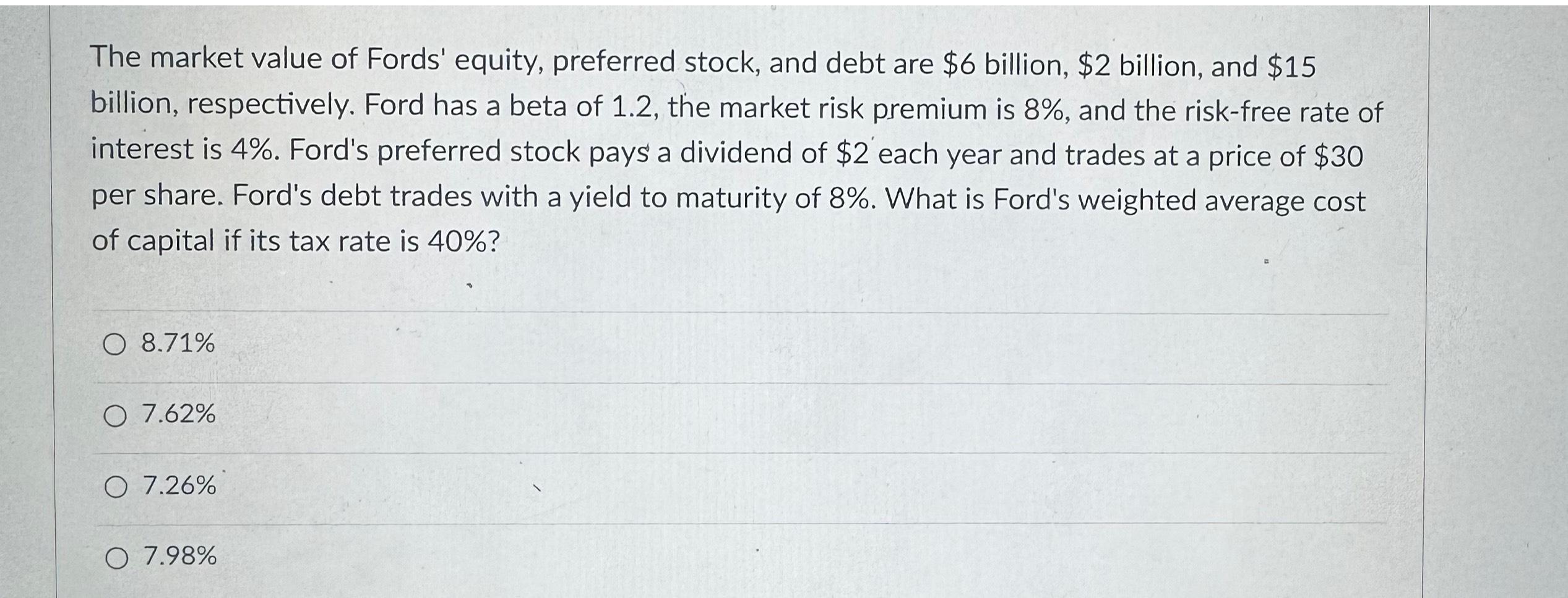 Solved The market value of Fords' equity, preferred stock, | Chegg.com