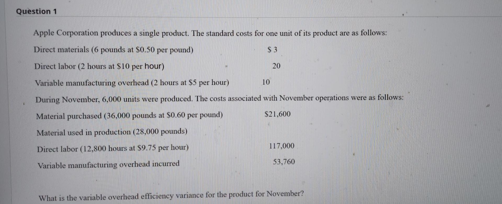 Solved What is the variable overhead efficiency variance for | Chegg.com