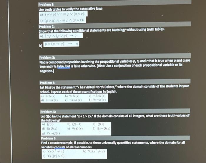 Solved Problem 1: Use truth tables to verify the associative | Chegg.com