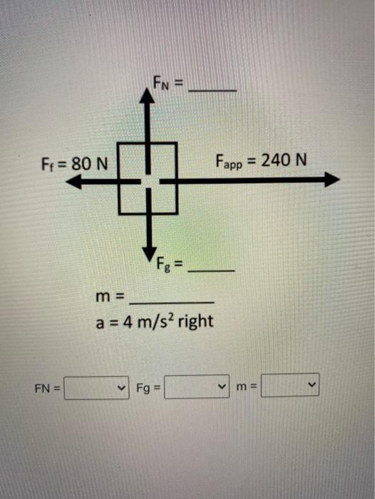 Solved FN = Fi = 80 N Fapp = 240 N Fg = m = a = 4 m/s2 right | Chegg.com