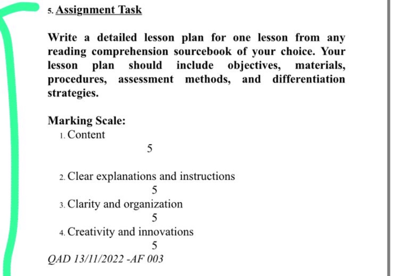 Assignment TaskWrite a detailed lesson plan for one | Chegg.com