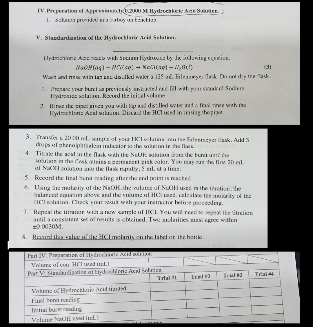 IV.Preparation of Approximately 0.2000 ﻿M | Chegg.com
