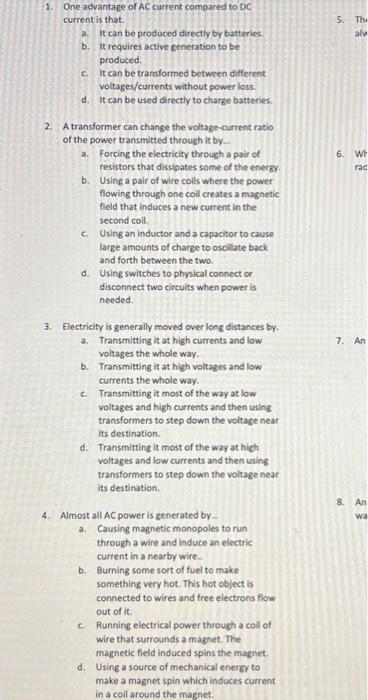 Solved 1. One advantage of AC current compared to DC current | Chegg.com