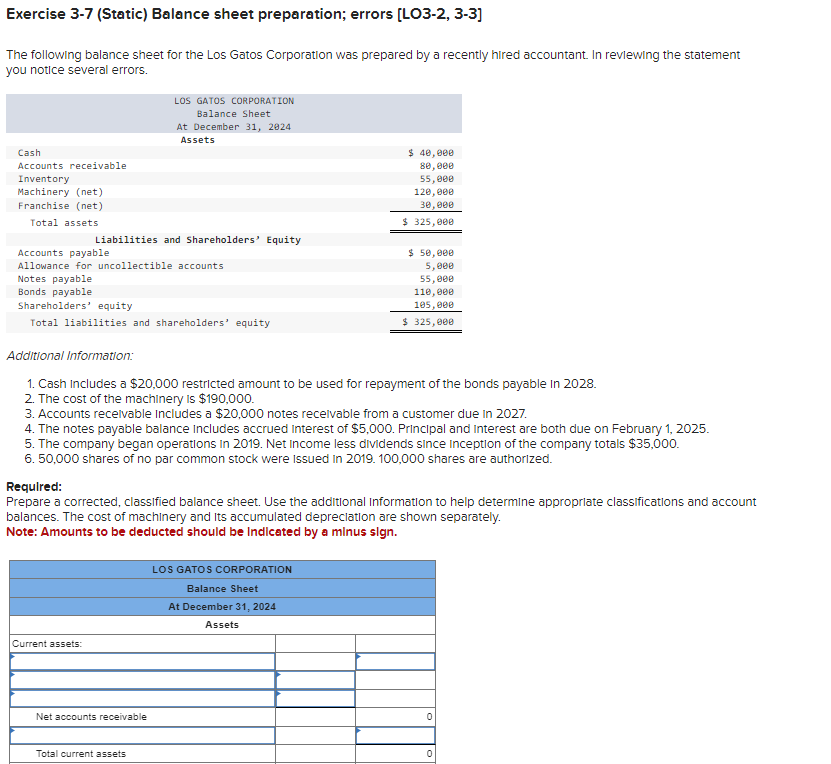 Solved Exercise 3-7 (Static) ﻿Balance sheet preparation; | Chegg.com