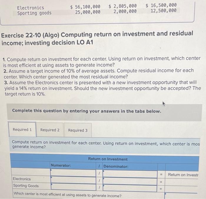 Solved Exercise 22−10 (Algo) Computing return on investment | Chegg.com