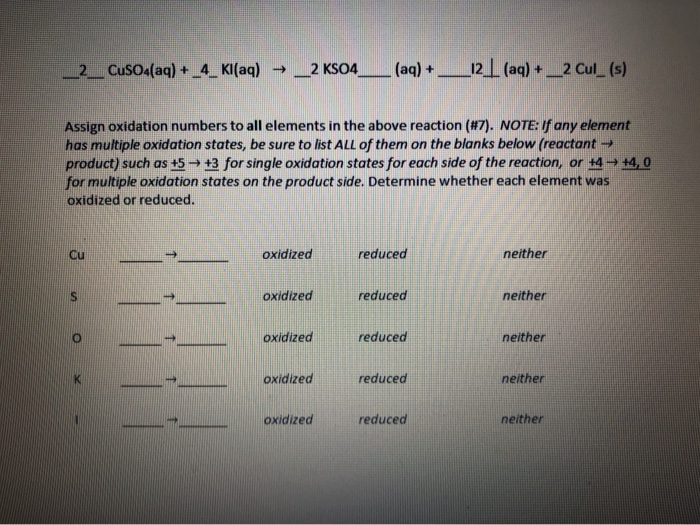 Solved __2_CuSO4(aq) + _4_Kl(aq) → _2 KS04___ (aq) + ___122 | Chegg.com