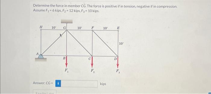 Solved Determine the force in member CG. The force is | Chegg.com