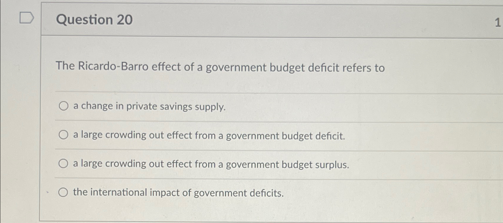 Solved Question 20The Ricardo-Barro effect of a government | Chegg.com