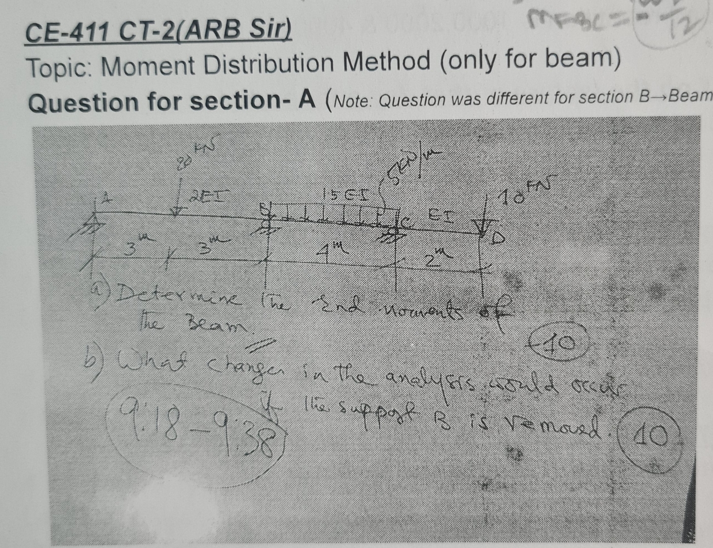 Solved CE-411 ﻿CT-2(ARB Sir)Topic: Moment Distribution | Chegg.com