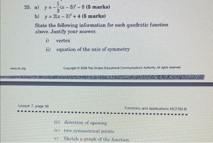 Solved 5. a) y=−31(x−5)2−8(5 marks ) b) y=2(x−3)2+4 (5 | Chegg.com