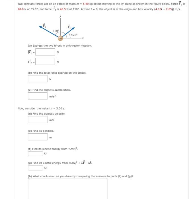Solved Two constant forces act on an object of mass m = 5.40 | Chegg.com