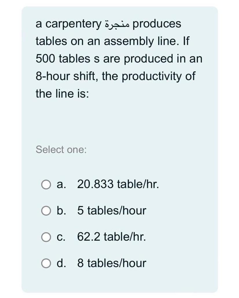 Solved a carpentery منجرة ﻿produces tables on an assembly | Chegg.com
