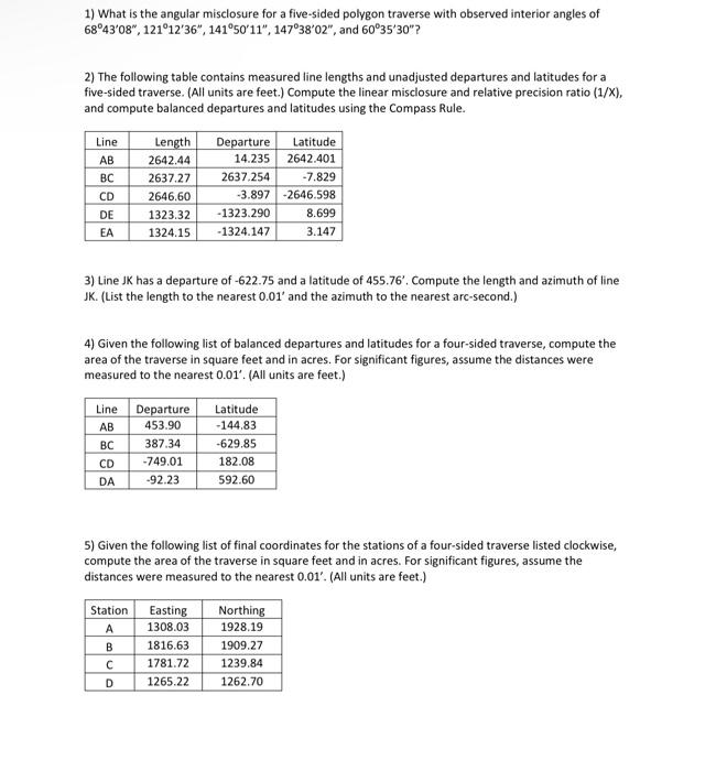 Solved 1) What is the angular misclosure for a five-sided | Chegg.com
