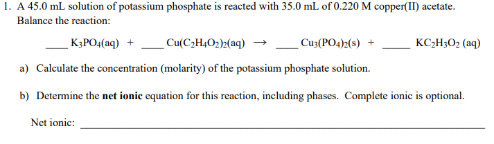 Solved A 45.0mL ﻿solution of potassium phosphate is reacted | Chegg.com