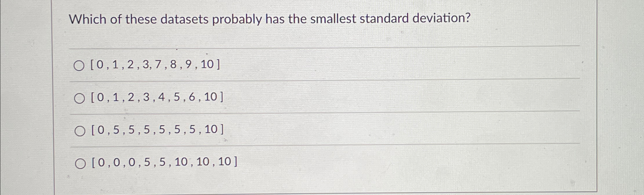 Solved Which of these datasets probably has the smallest | Chegg.com
