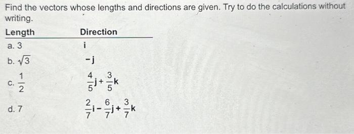 Solved Find the vectors whose lengths and directions are | Chegg.com