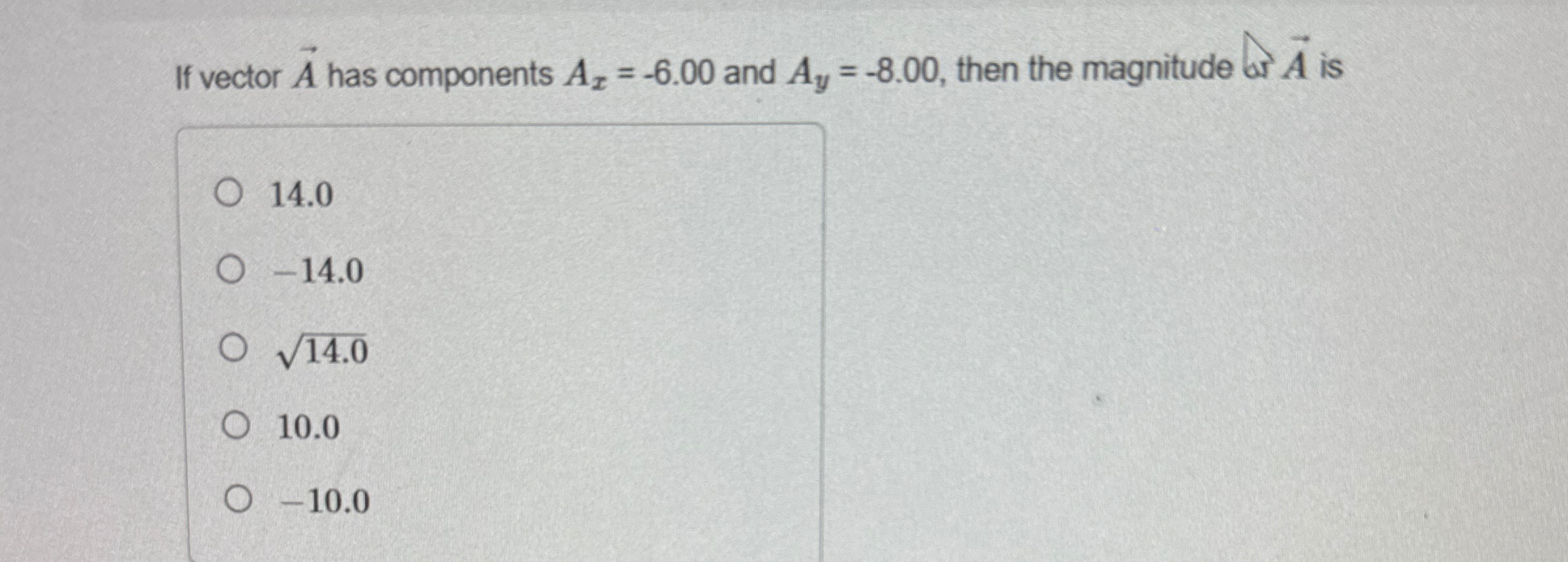 Solved If vector vec(A) ﻿has components Ax=-6.00 ﻿and | Chegg.com