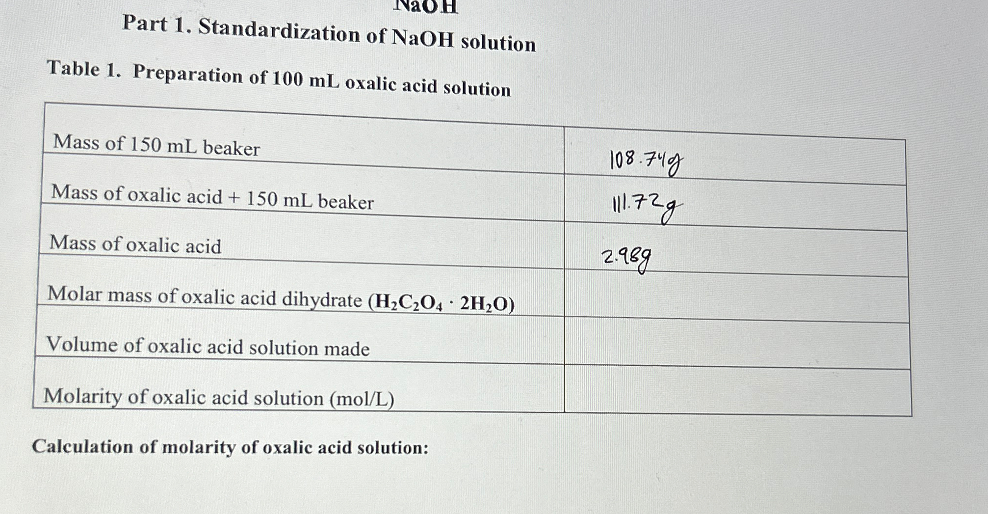 Solved Part 1. ﻿Standardization of NaOH solutionTable 1. | Chegg.com