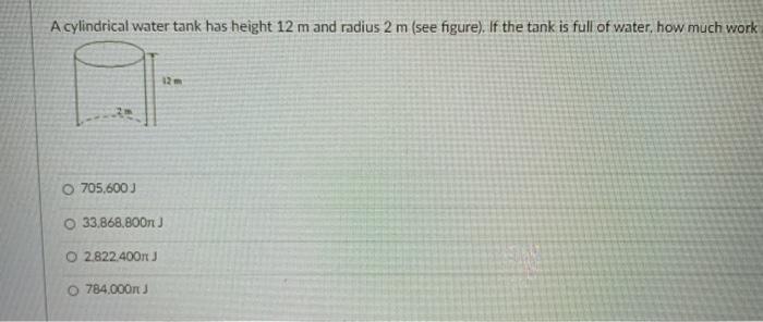 Solved A cylindrical water tank has height 12 m and radius 2 | Chegg.com
