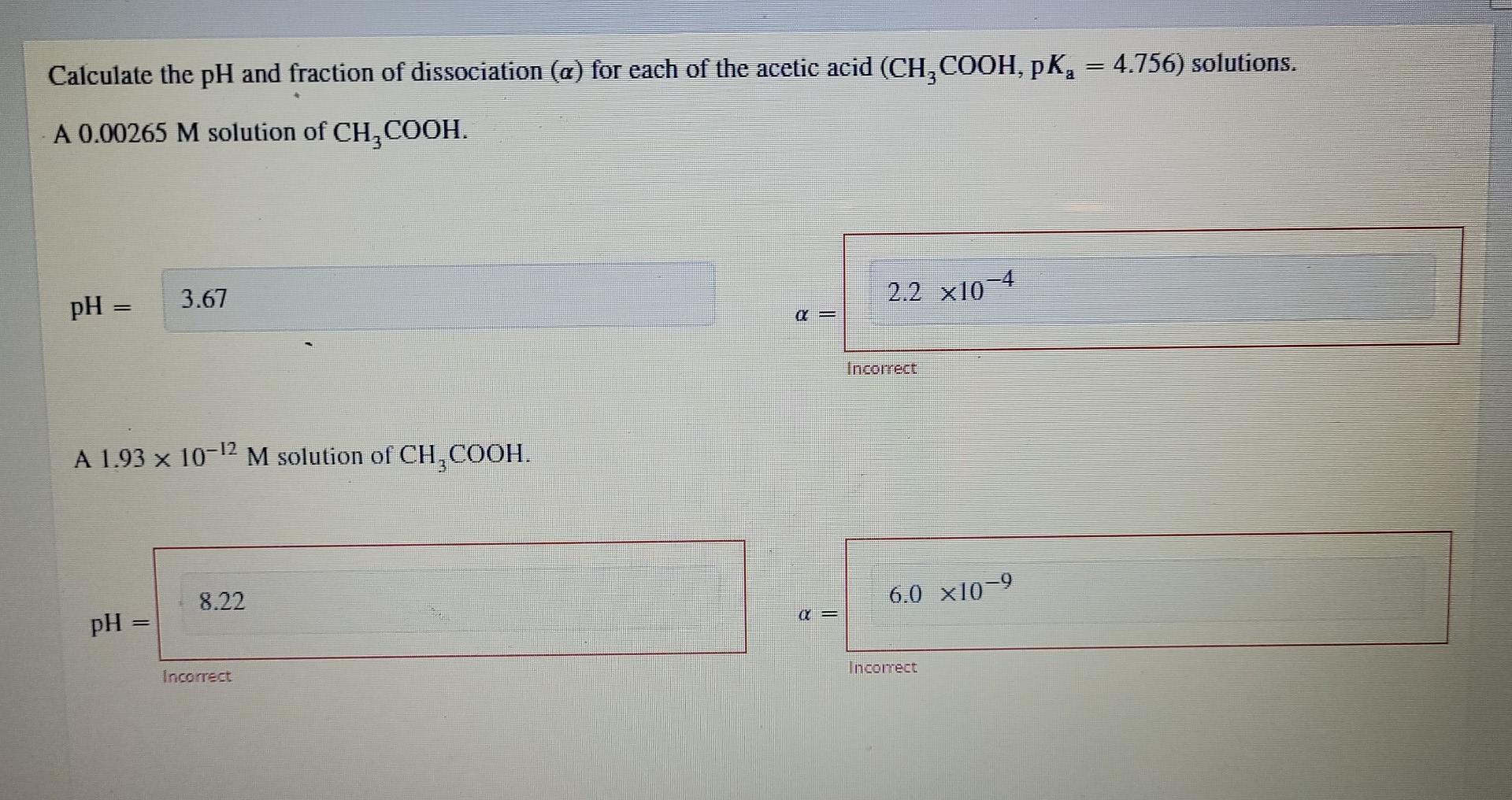 Solved Calculate the pH and fraction of dissociation (a) for | Chegg.com
