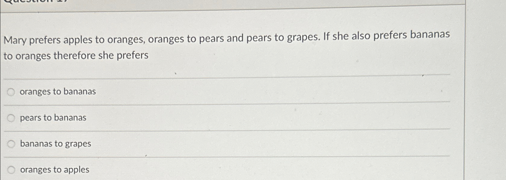 Solved Mary prefers apples to oranges, oranges to pears and | Chegg.com