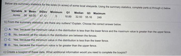 Solved Below are summary statistics for the sizes (in acres) | Chegg.com
