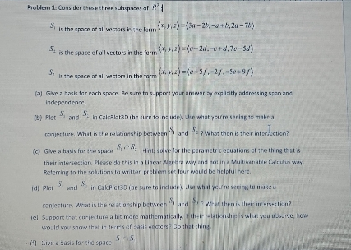 Solved Problem 1: Consider these three subspaces of R3S1 ﻿is | Chegg.com