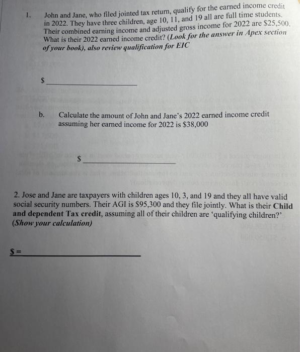 Solved 1. John and Jane, who filed jointed tax return, | Chegg.com