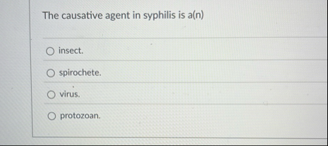 [Solved]: The causative agent in syphilis is a(n) insect. sp