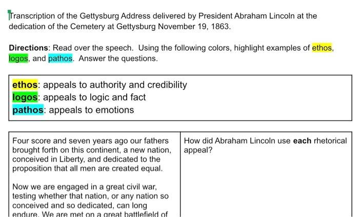 Solved Transcription of the Gettysburg Address delivered by | Chegg.com