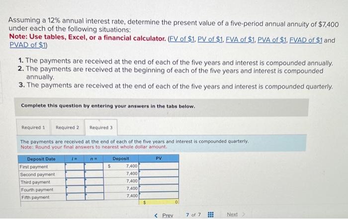 Solved Assuming a 12% annual interest rate, determine the | Chegg.com