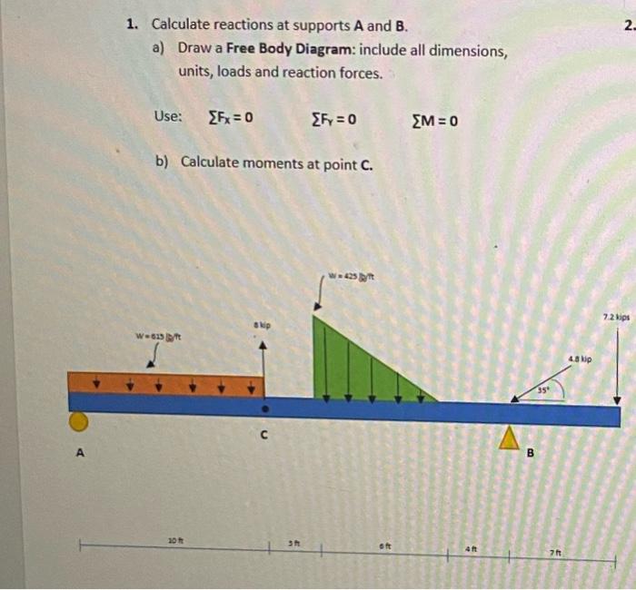 Solved 1. Calculate reactions at supports A and B. a) Draw a | Chegg.com