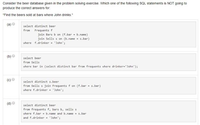 Solved Consider the beer database given in the problem | Chegg.com