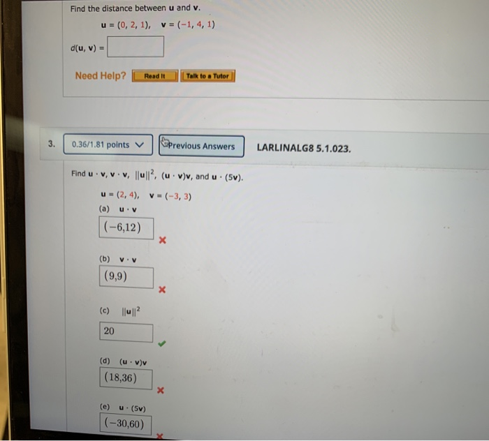 Solved Find the distance between u and v. u = (0, 2, 1), v = | Chegg.com