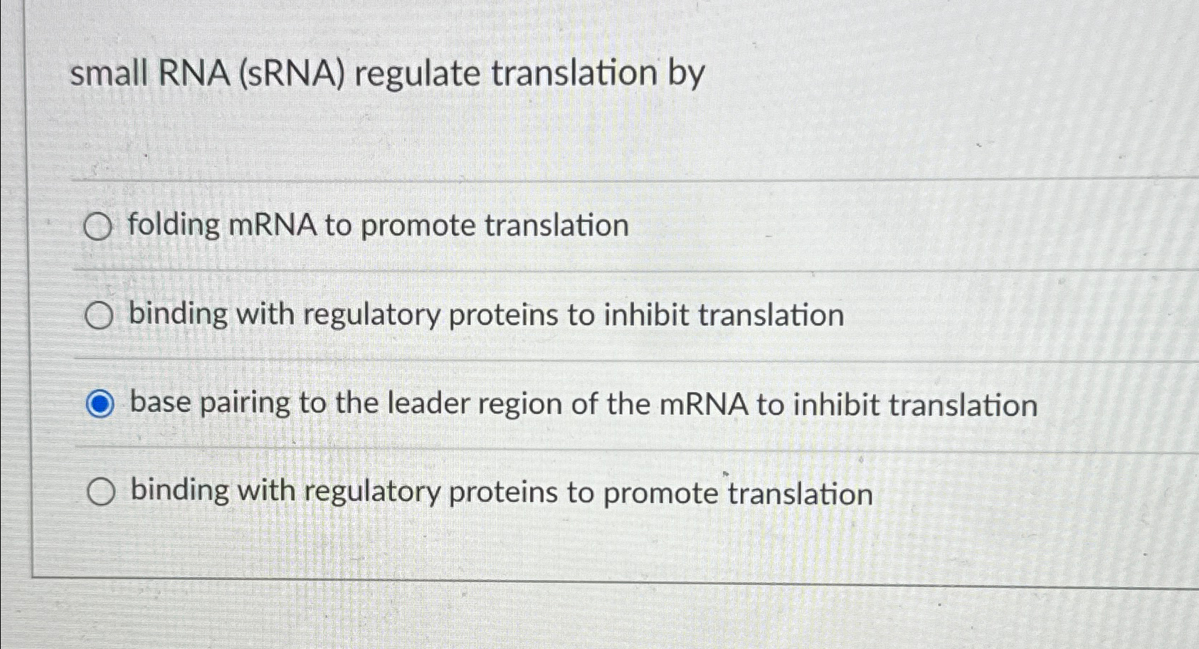 Solved small RNA (sRNA) ﻿regulate translation byfolding mRNA | Chegg.com