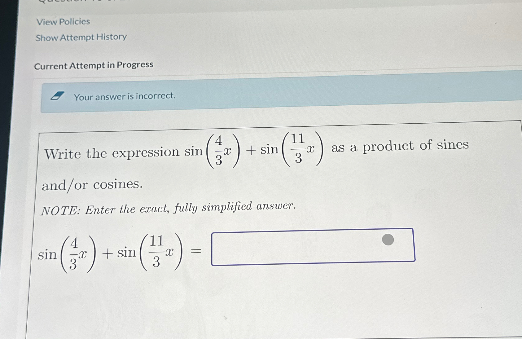 Solved View PoliciesShow Attempt HistoryCurrent Attempt in | Chegg.com