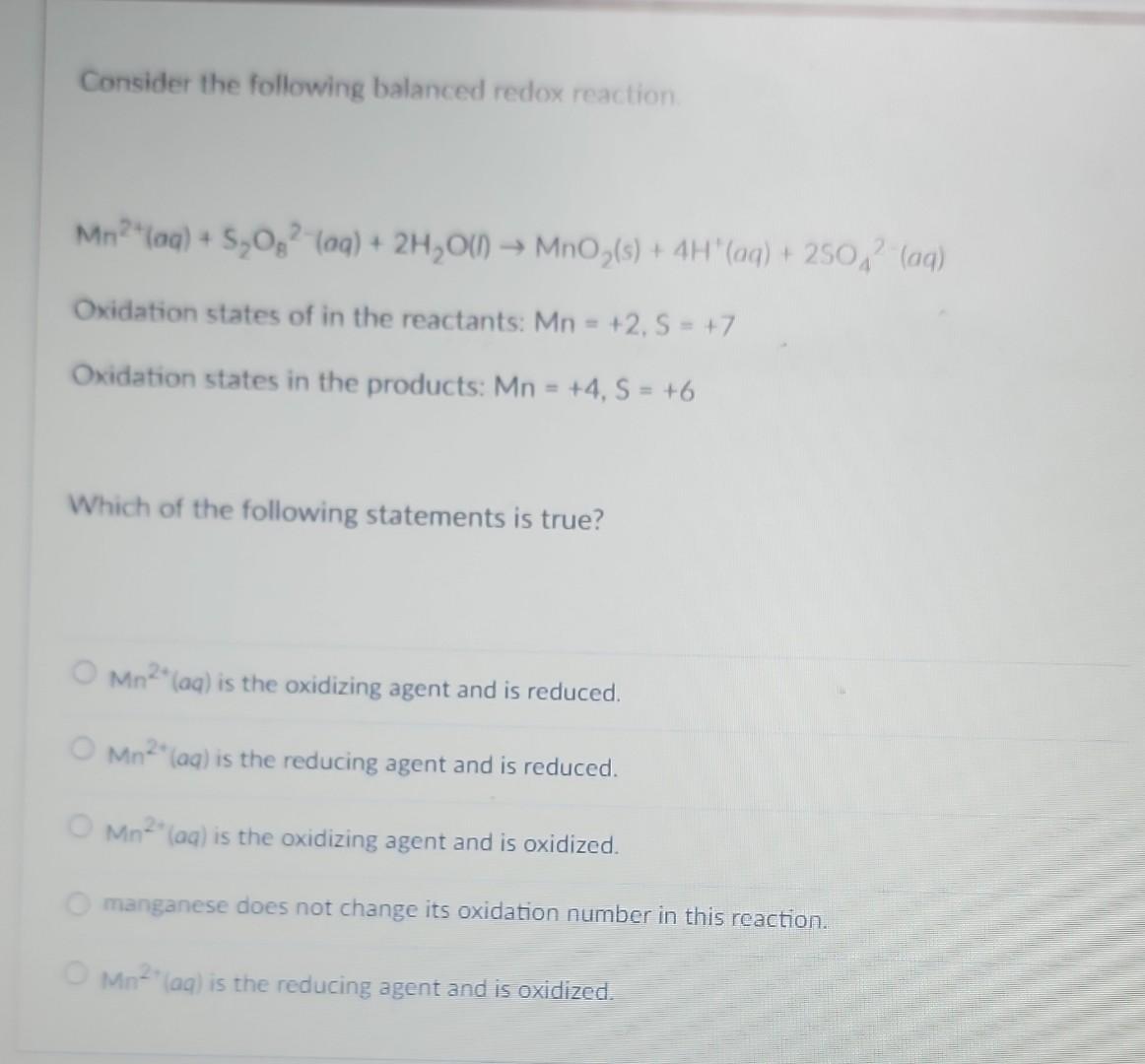 Solved Consider the following balanced redox reaction | Chegg.com