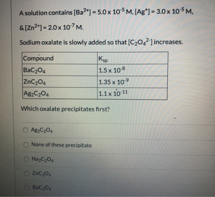 Solved A solution contains [Ba2+] = 5.0 x 10-5 M, (Ag+] = | Chegg.com