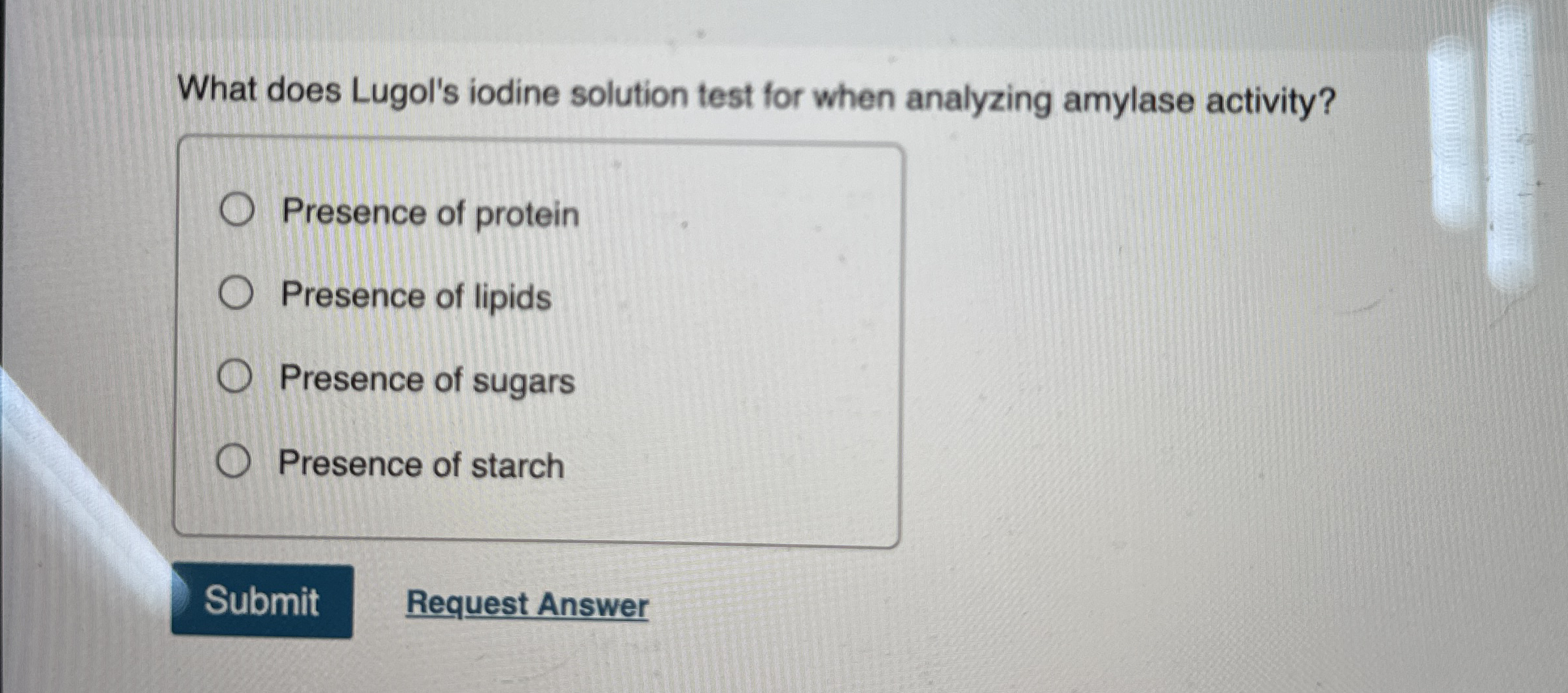 Solved What does Lugol's iodine solution test for when | Chegg.com