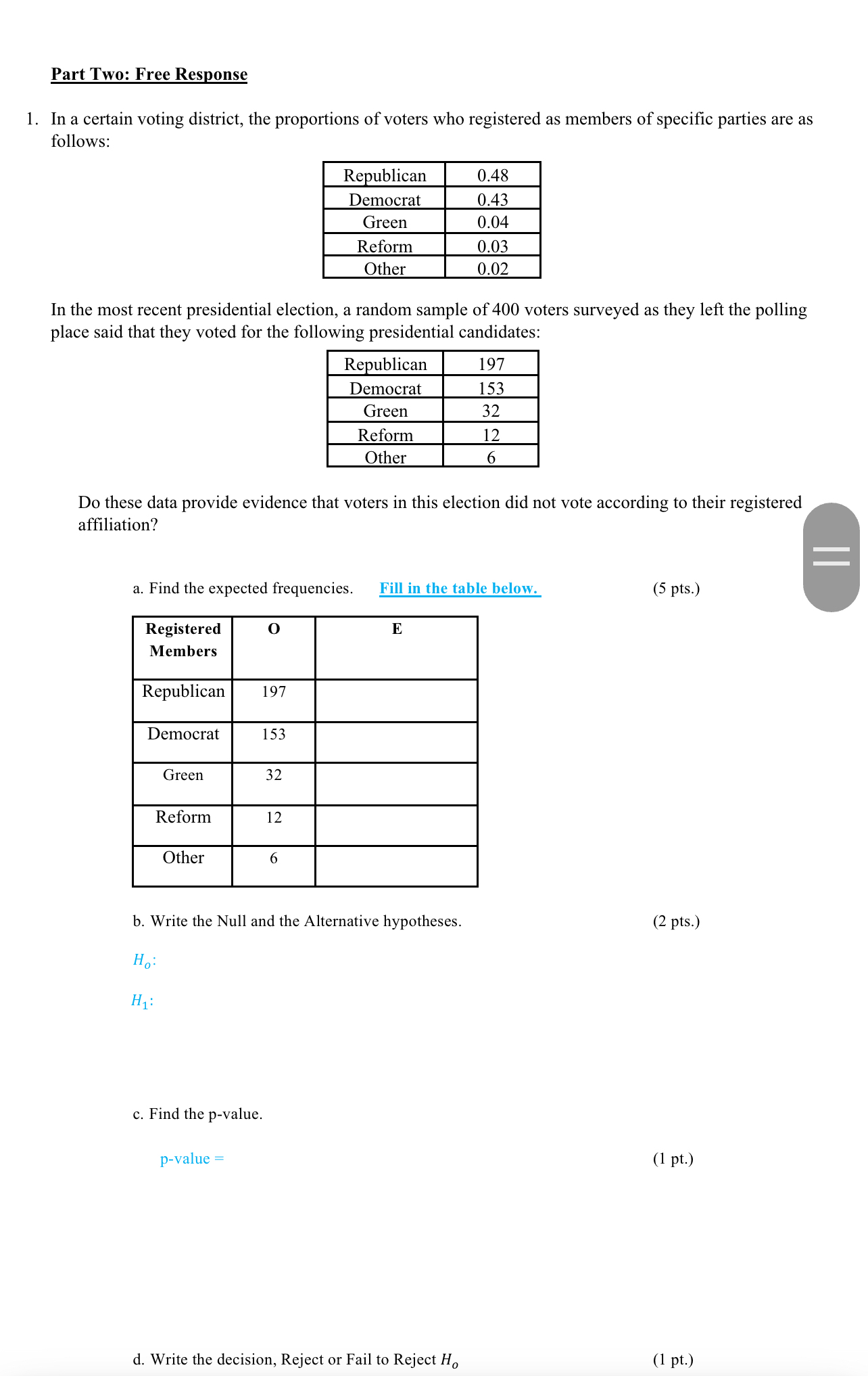 Solved Part Two: Free ResponseIn a certain voting district, | Chegg.com