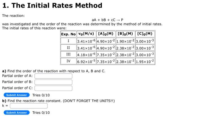 Solved 1. The Initial Rates Method The reaction: aA+bB+cC→P | Chegg.com