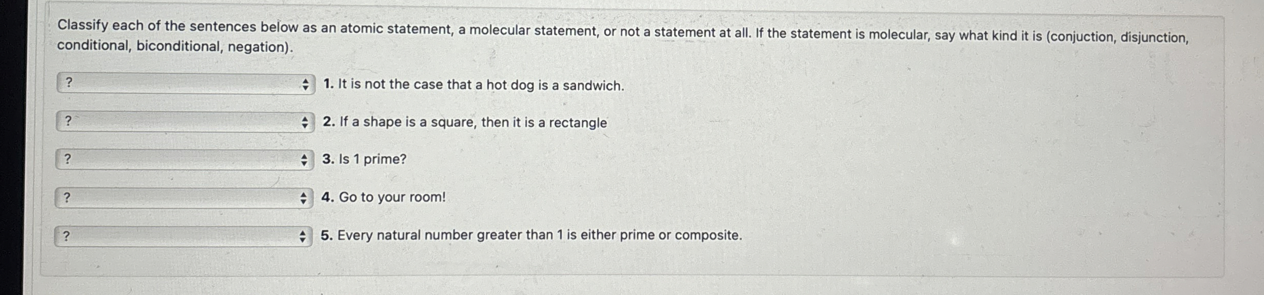 Solved Classify each of the sentences below as atomic | Chegg.com
