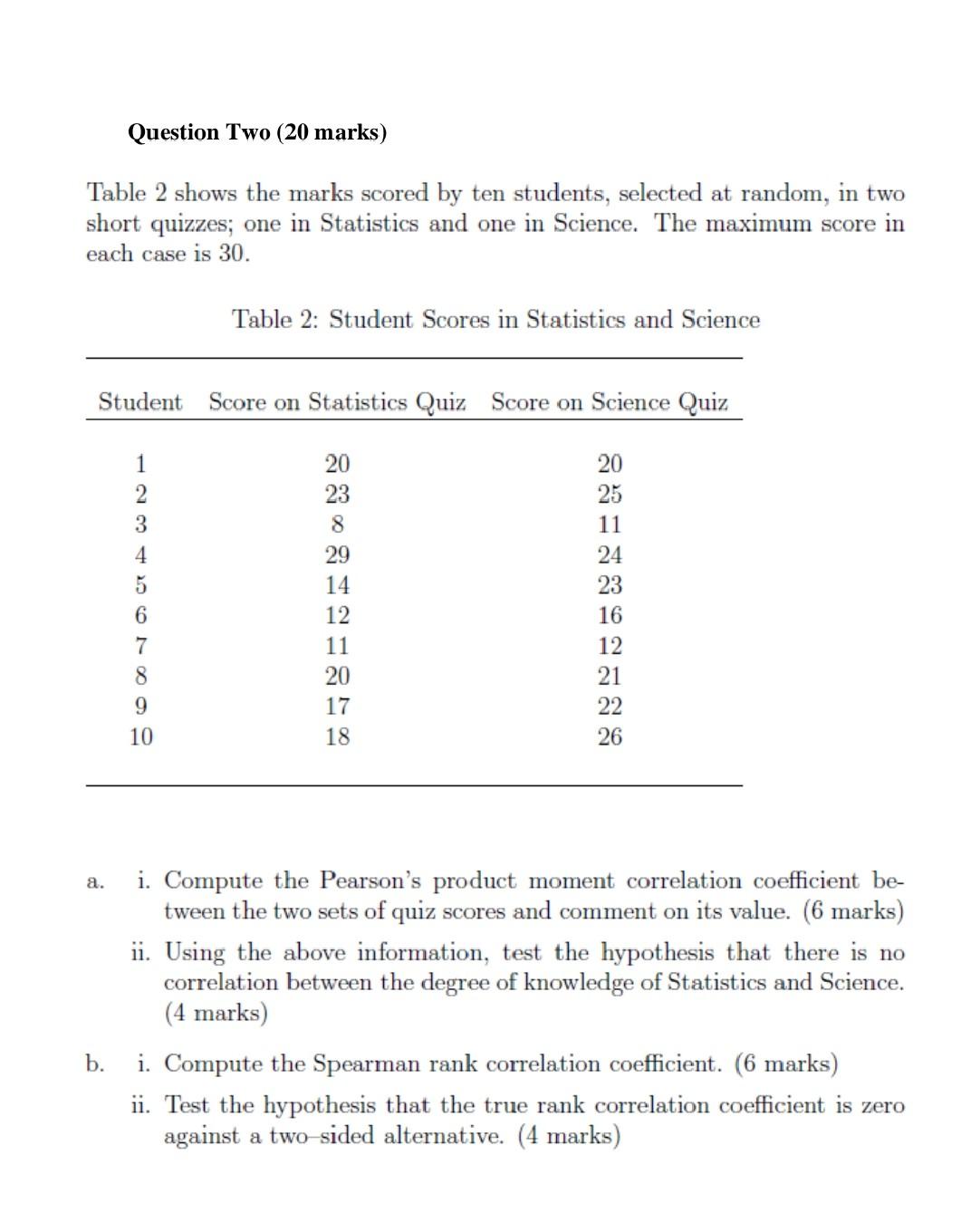 Question Two (20 marks) Table 2 shows the marks | Chegg.com