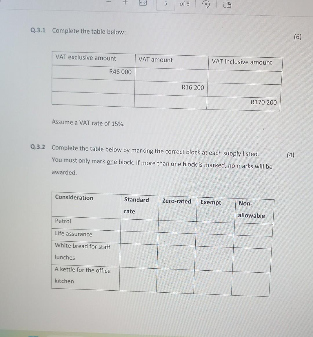 Solved Q.3.1 Complete the table below: Assume a VAT rate of | Chegg.com